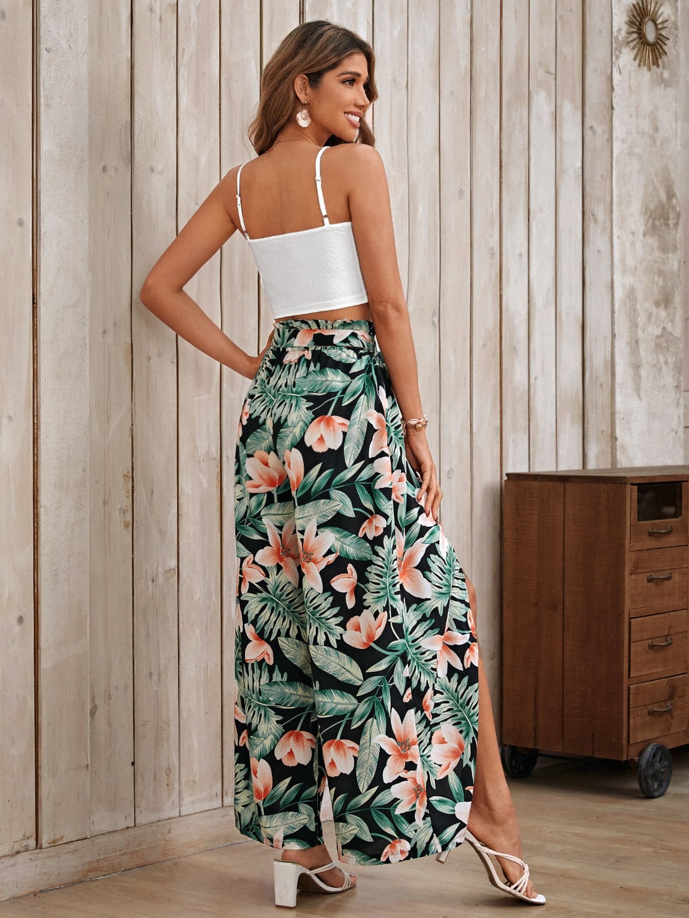 Top de tirantes & con estampado tropical de muslo con abertura con ...